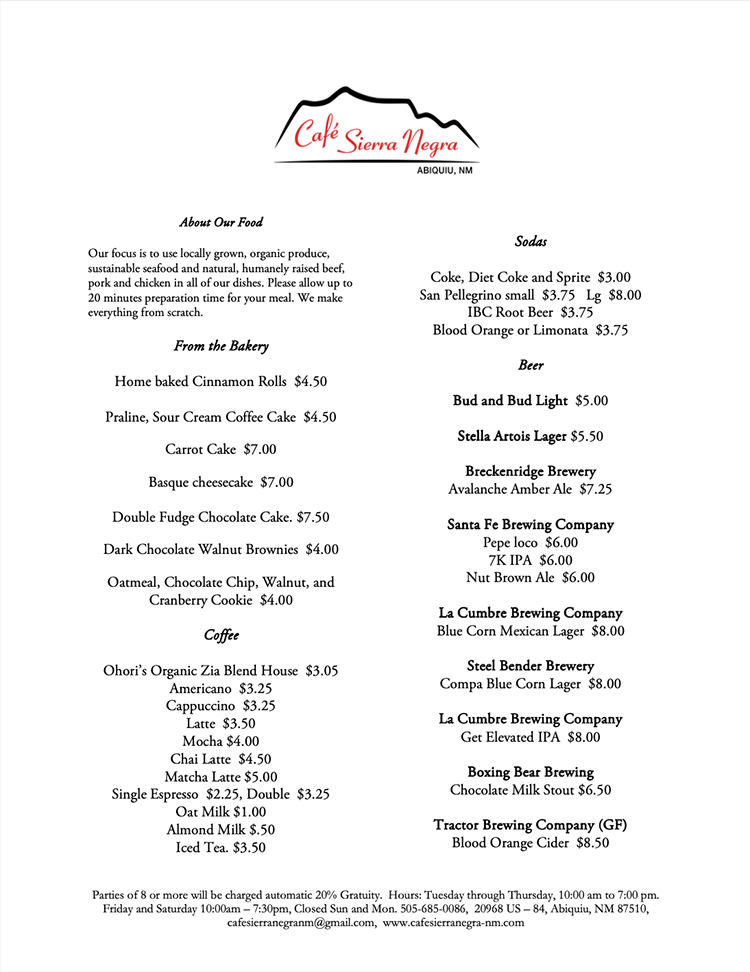 Menus - Cafe Sierra Negra NM